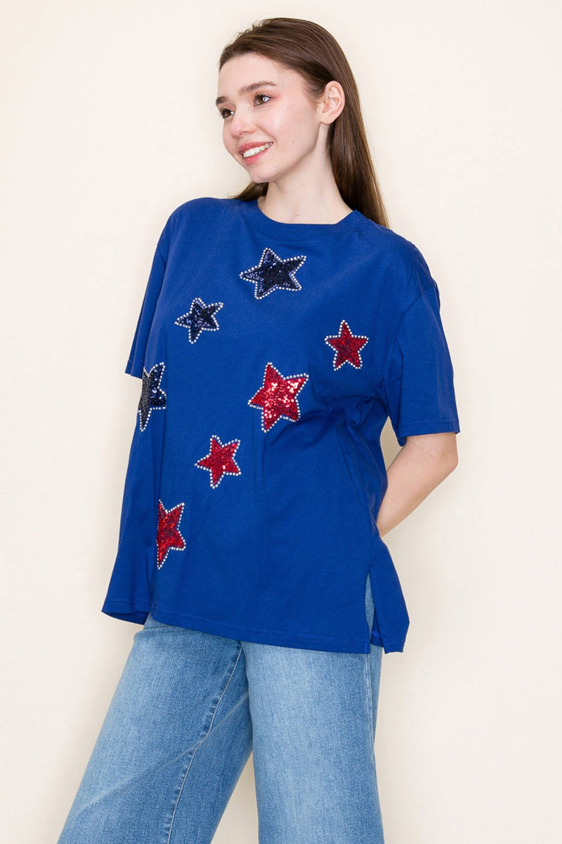 White Birch Solid Color Knit Top with Sequin and Rhinestone Stars in R ...