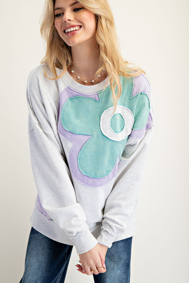 Easel Terry Knit Sweatshirt with Large Flower Patch in Light Heather G ...