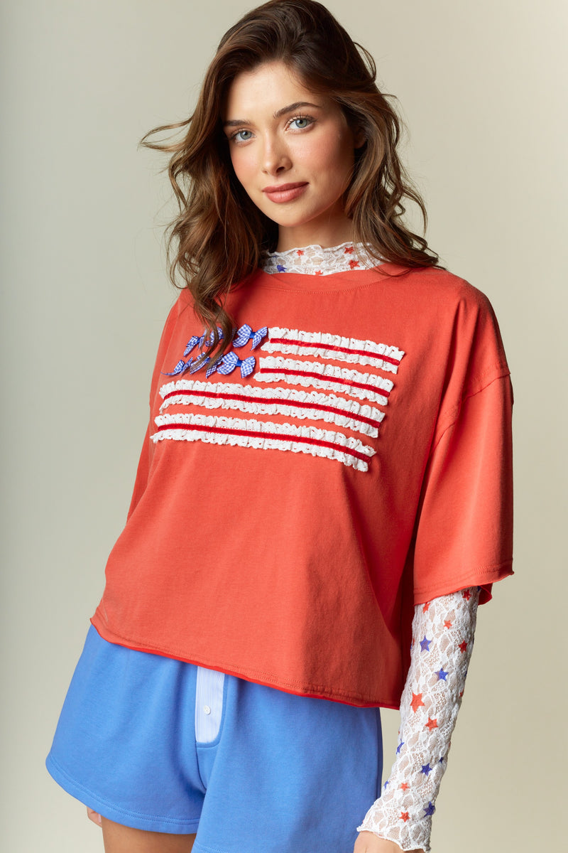 RARERAW Oversized Cropped American Flag Top in Red – June Adel
