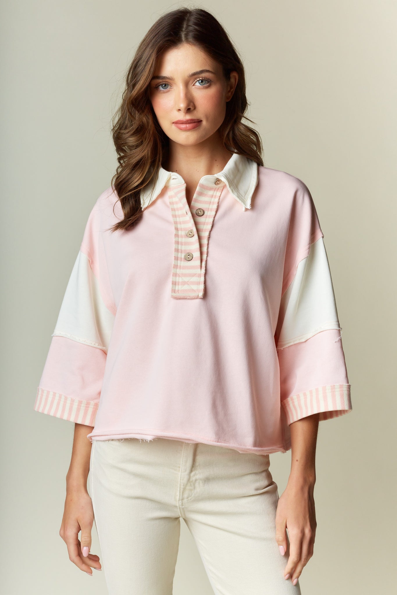 RARERAW Contrasting Patchwork Rugby Top in Pink/Cream – June Adel