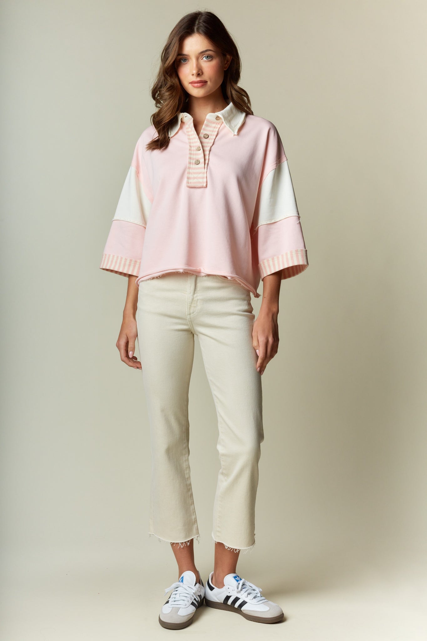 RARERAW Contrasting Patchwork Rugby Top in Pink/Cream – June Adel