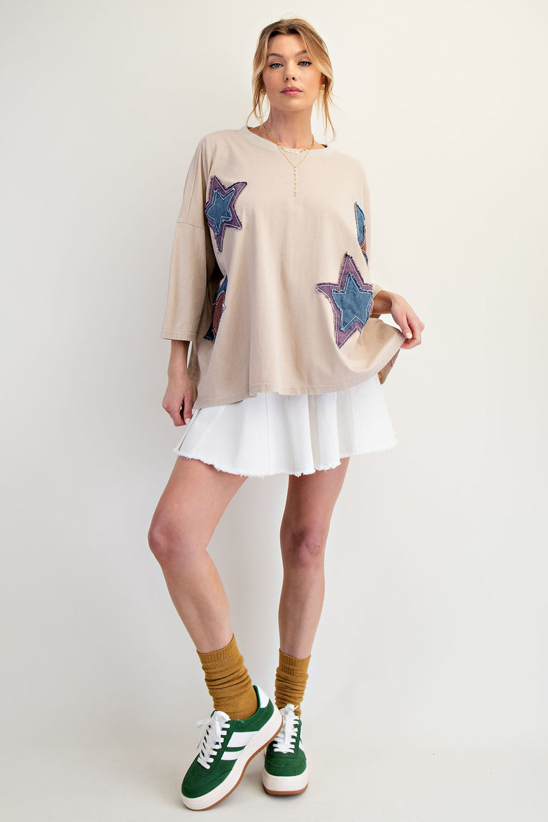 Easel OVERSIZED Multi Layered Star Patched Top in Khaki – June Adel