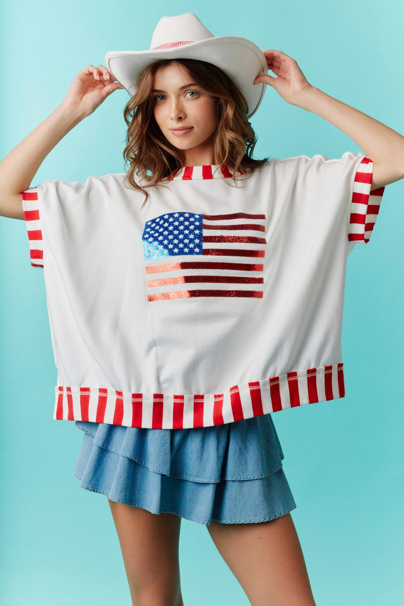 Fantastic Fawn OVERSIZED American Flag Sequin Front Top with Stripe De ...
