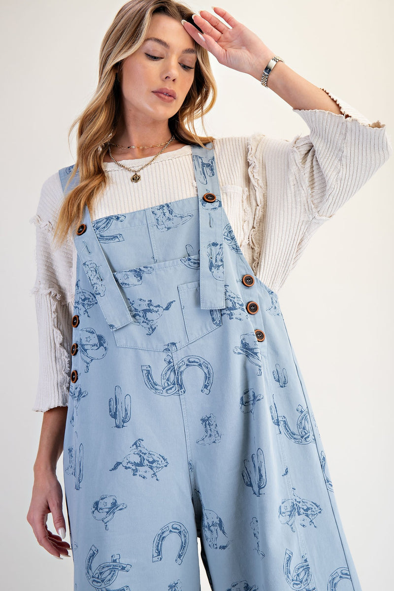 Easel Western Print Twill Overalls in Dusty Blue – June Adel