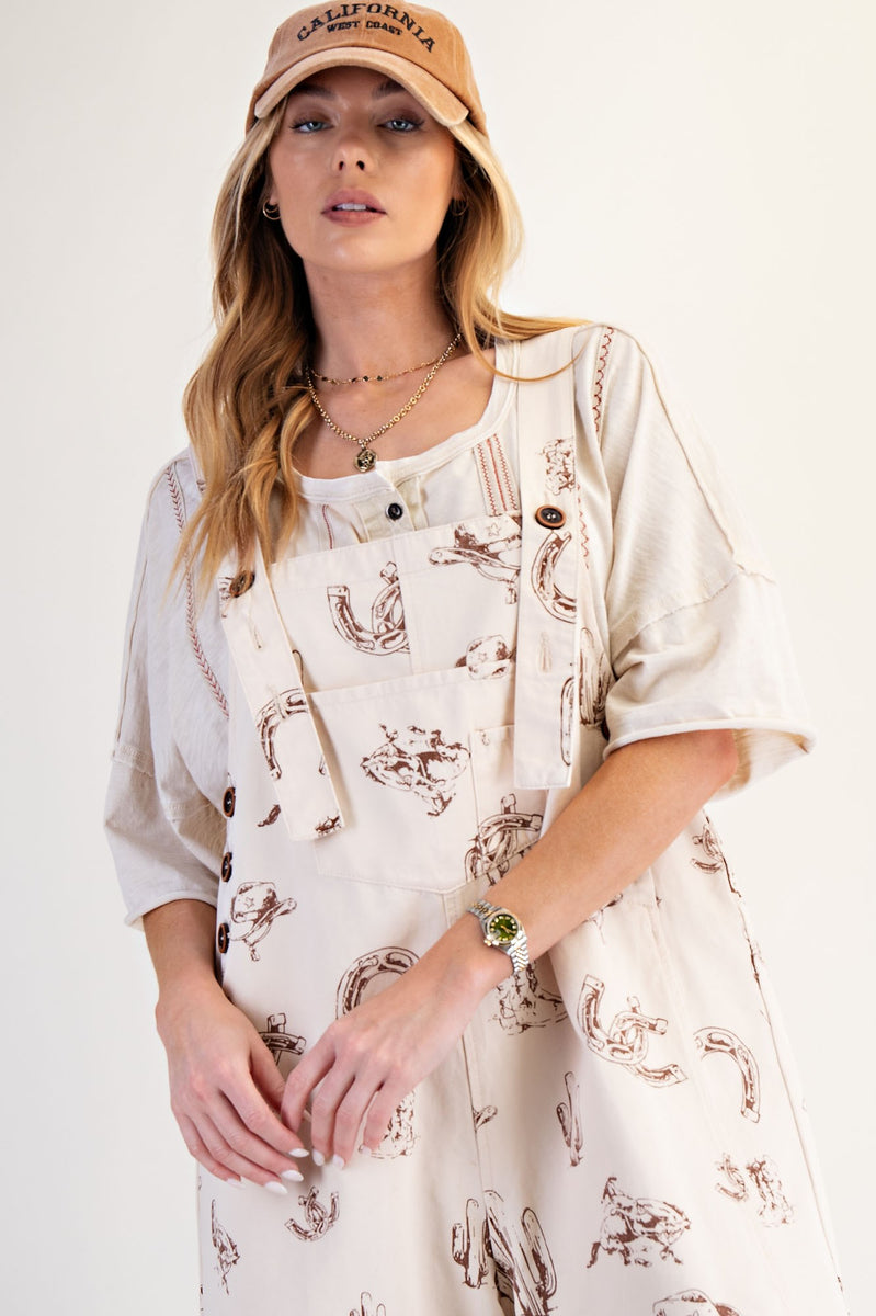 Easel Western Print Twill Overalls in Khaki – June Adel