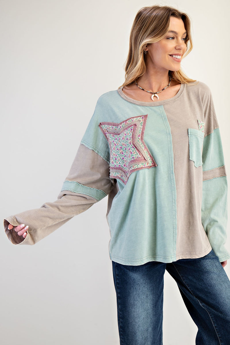 Easel Color Block Cotton Top with Patches in Mint Combo – June Adel