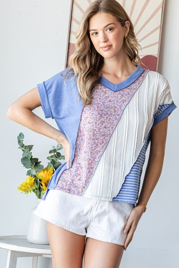 7th Ray Mixed Patchwork Top in Denim Blue – June Adel