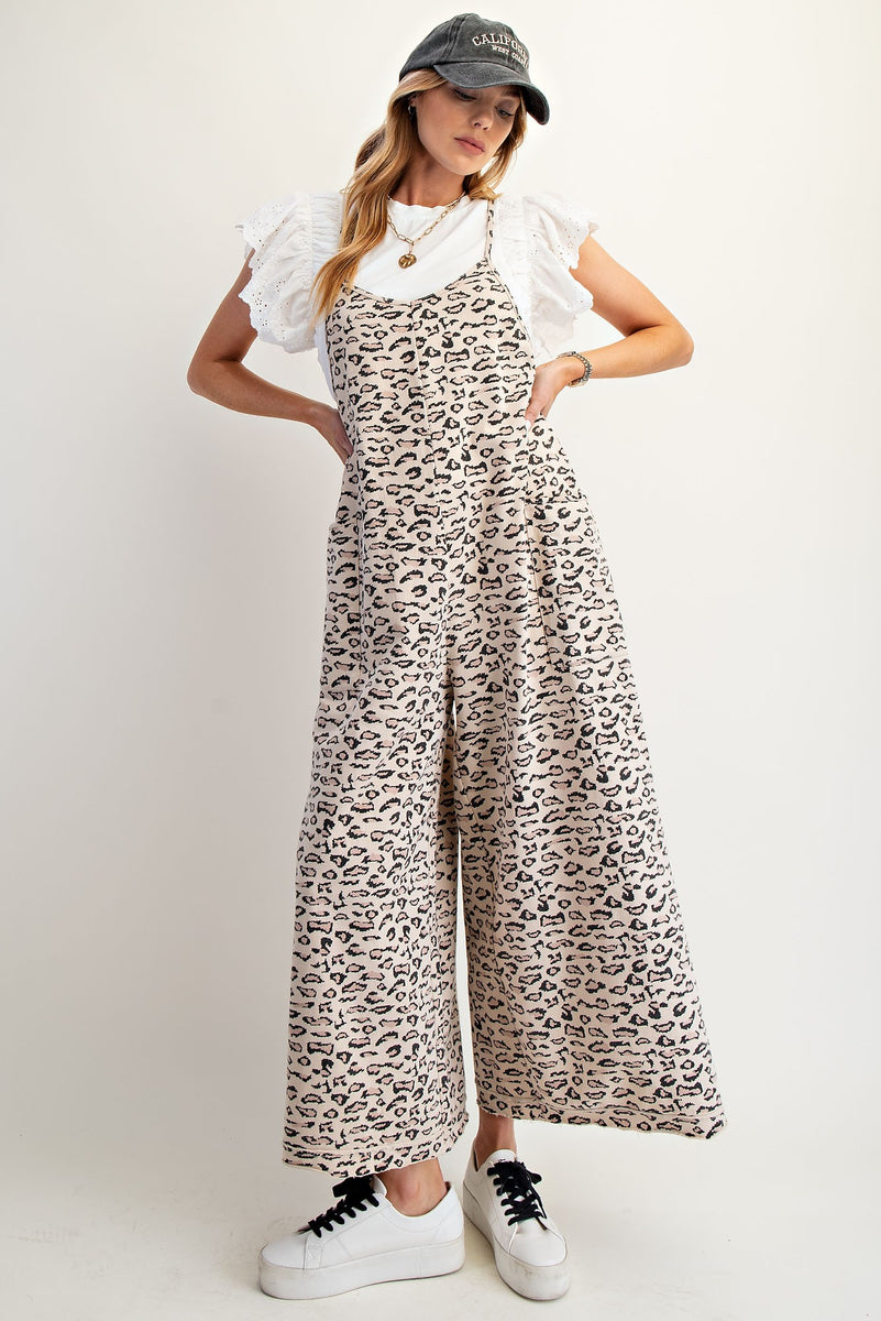 Easel Leopard Print Terry Knit Jumpsuit in Khaki – June Adel