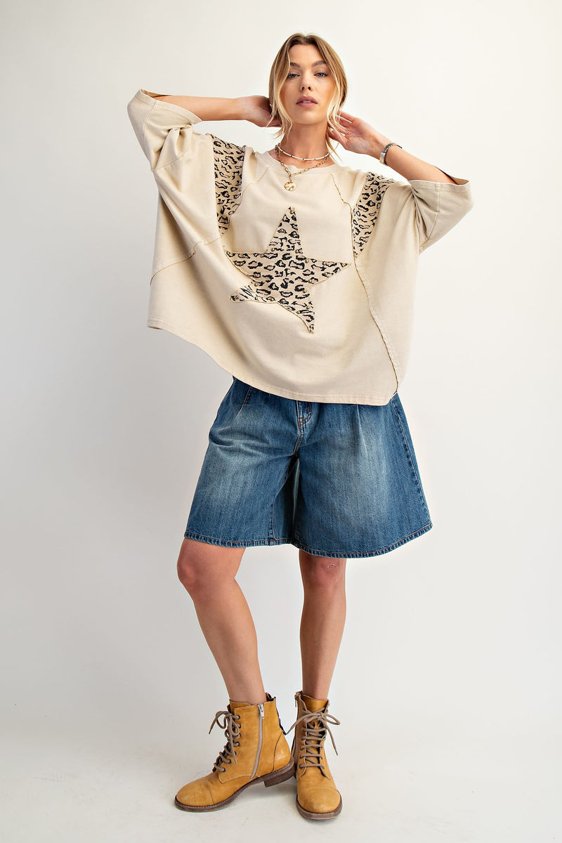 Easel Terry Knit Top with Leopard Print and Star Patched Front in Natu ...