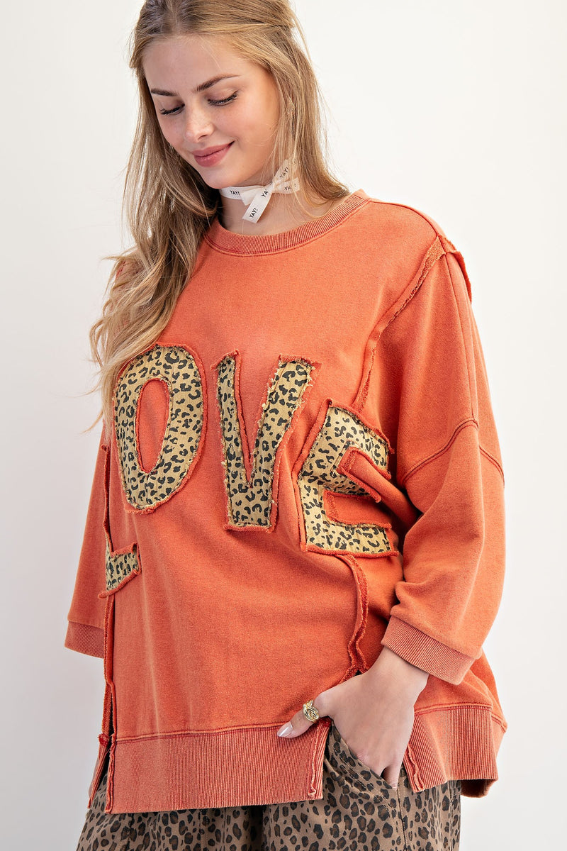 Easel Solid Color Terry Knit Top with Leopard Print LOVE Patched Front ...