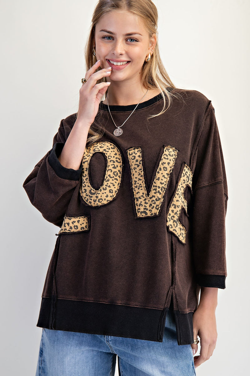 Easel Solid Color Terry Knit Top with Leopard Print LOVE Patched Front ...