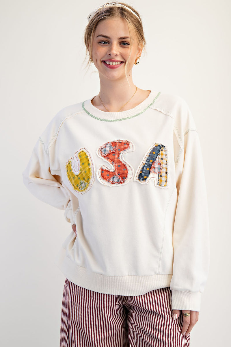 Easel Soft Washed Terry Knit Sweatshirt with Mixed Print USA Patched F ...