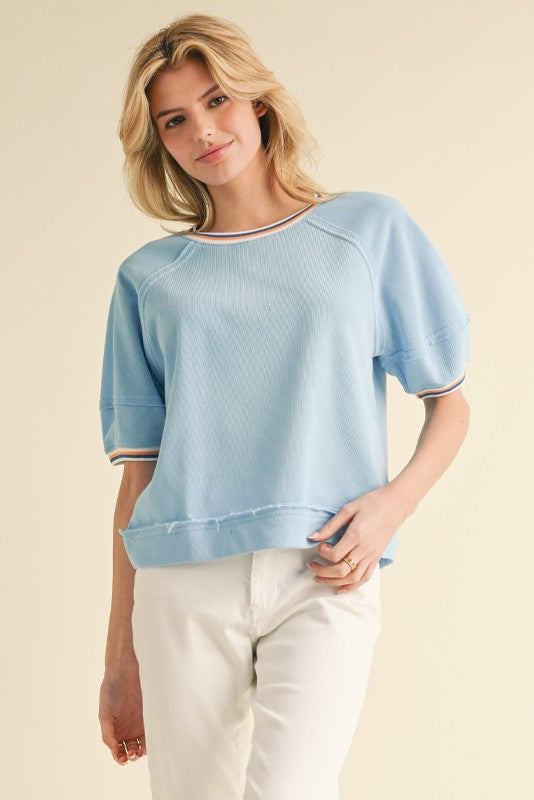 Jodifl Solid Color Knit Top with Contrasting Colored Stripes Details i ...