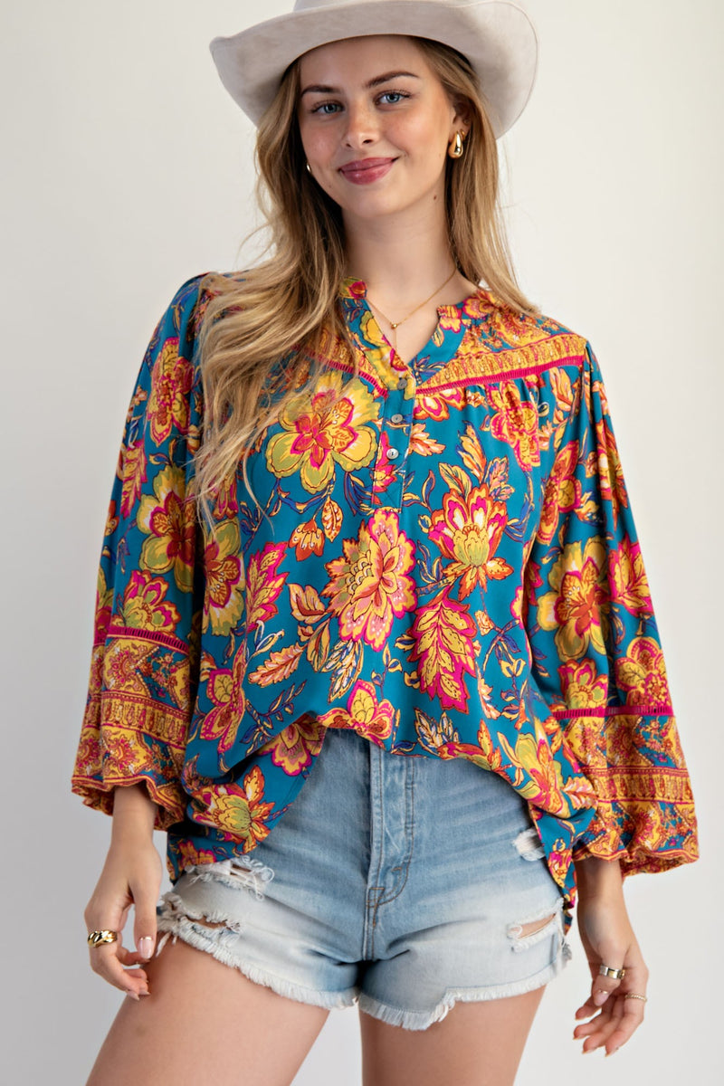 Easel Vibrant Floral Print Challis Top in Turquoise Blue – June Adel