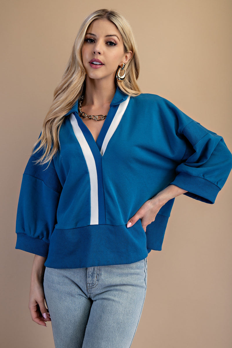GiGio OVERSIZED Terry Knit Top with Contrasting Stripe in Steel Blue ...