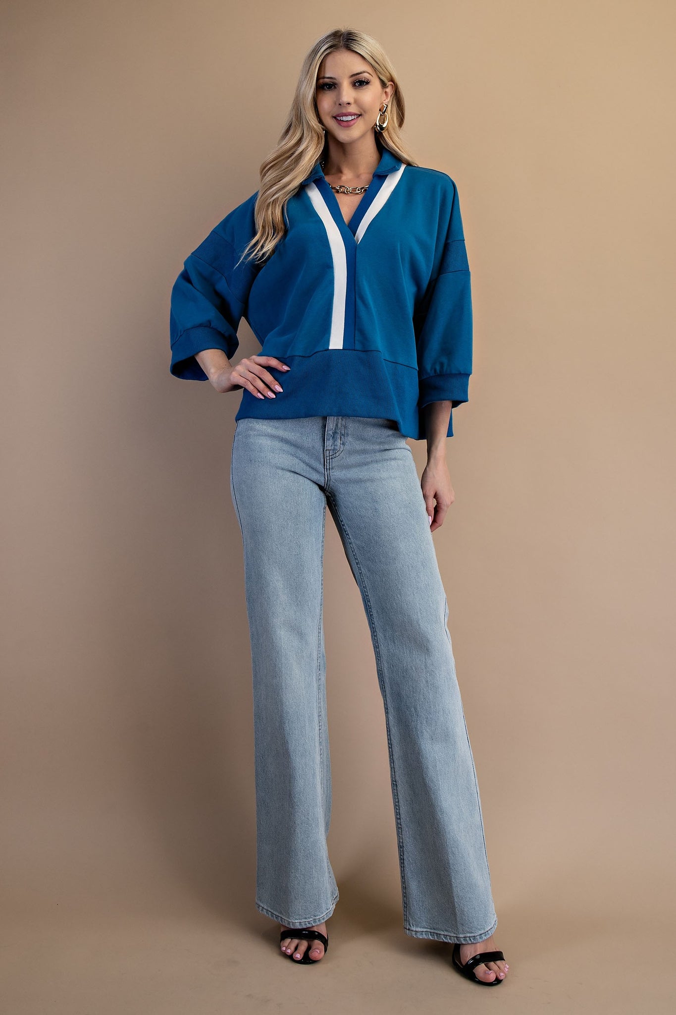 GiGio OVERSIZED Terry Knit Top with Contrasting Stripe in Steel Blue ...