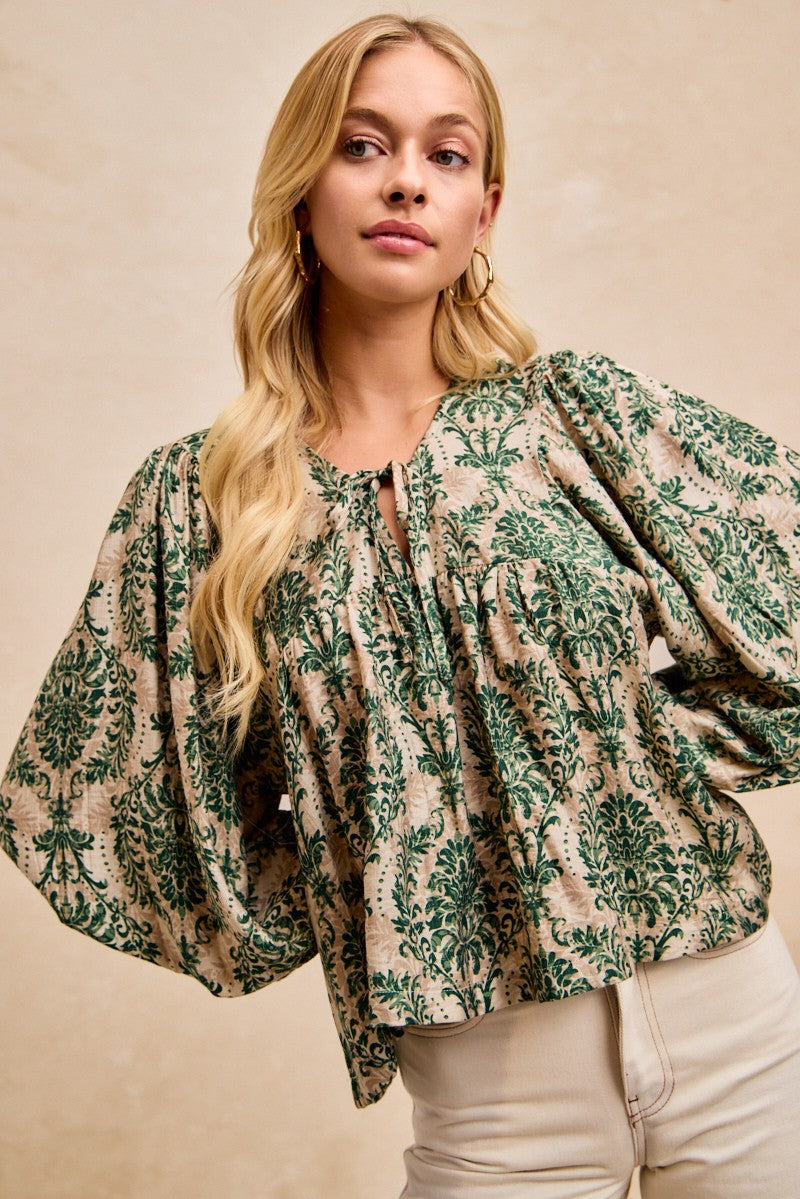 BiBi Two Tone Abstract Print Top in Tan/Olive – June Adel