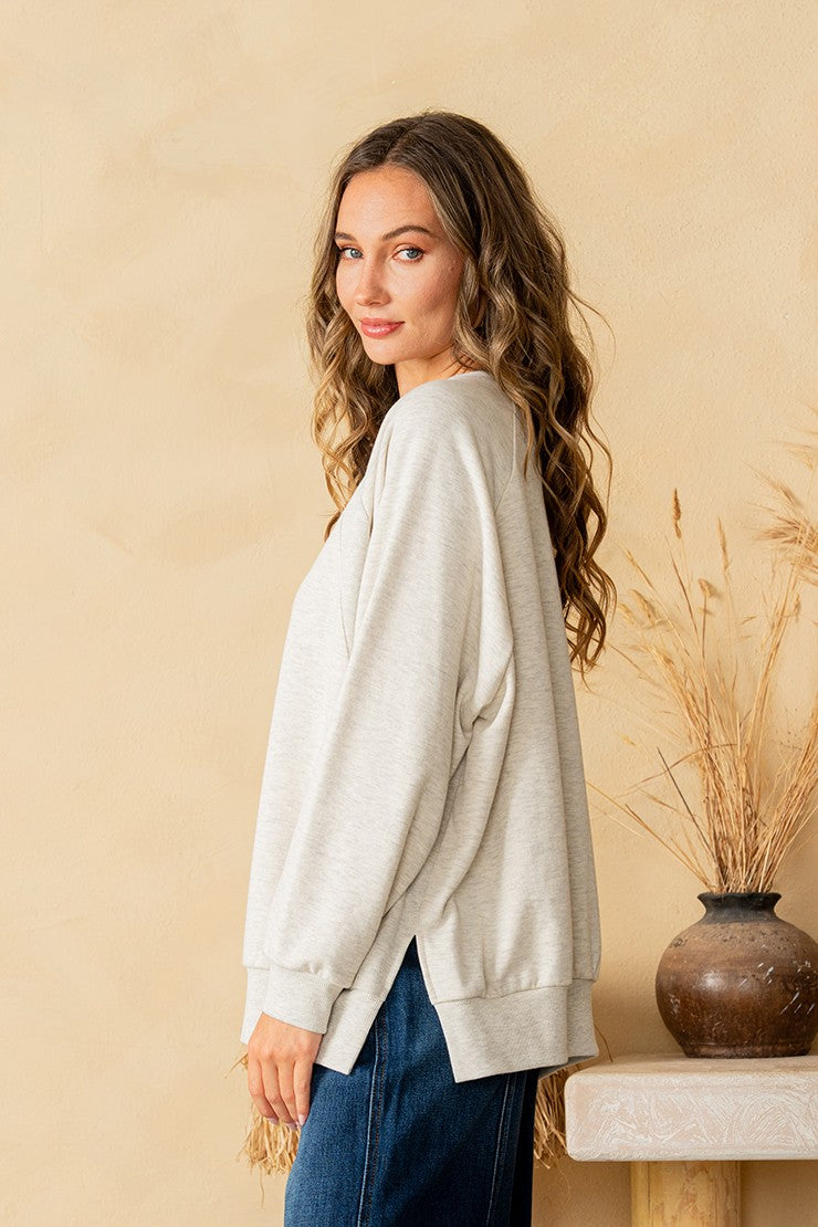Sew in Love French Terry Knit Top with Contrasting Ribbed Panels in Oa ...