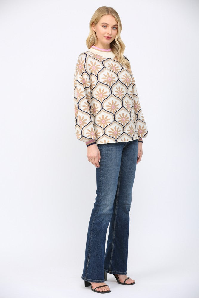 FATE Geometric Floral Motif Mock Neck Sweater in Cream Multi – June Adel