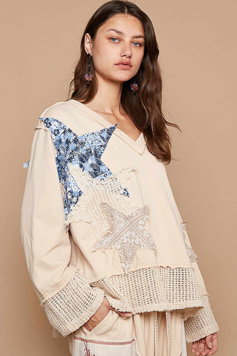 POL Solid Color Top French Terry Top with Star Patches in Almond – June ...