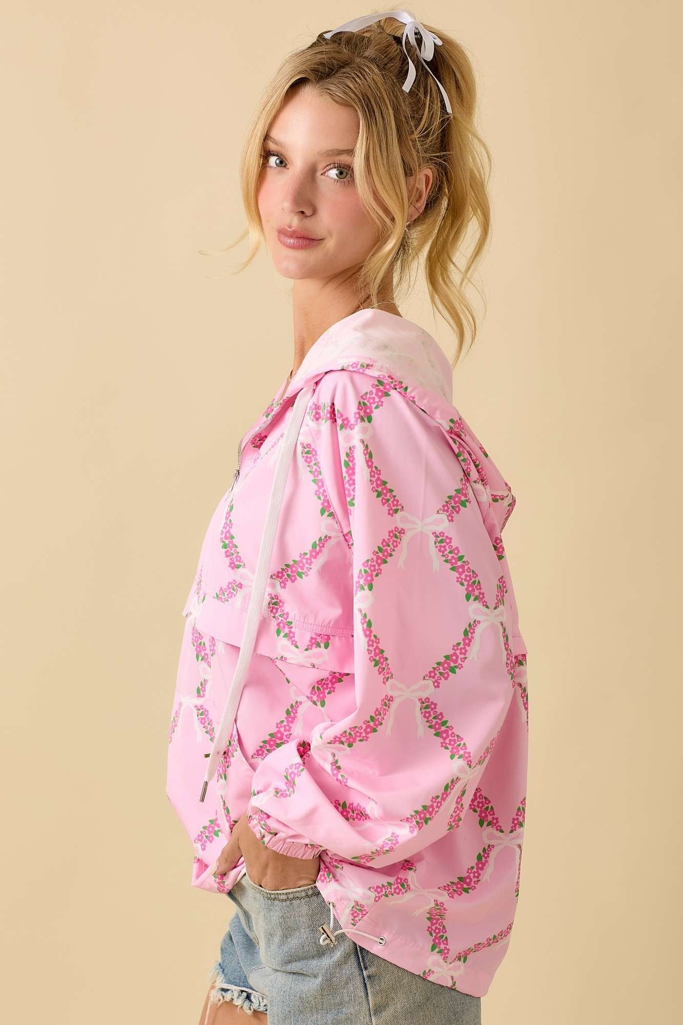 Main Strip Coquette Ribbon and Floral Print Windbreaker Jacket in Pink ...