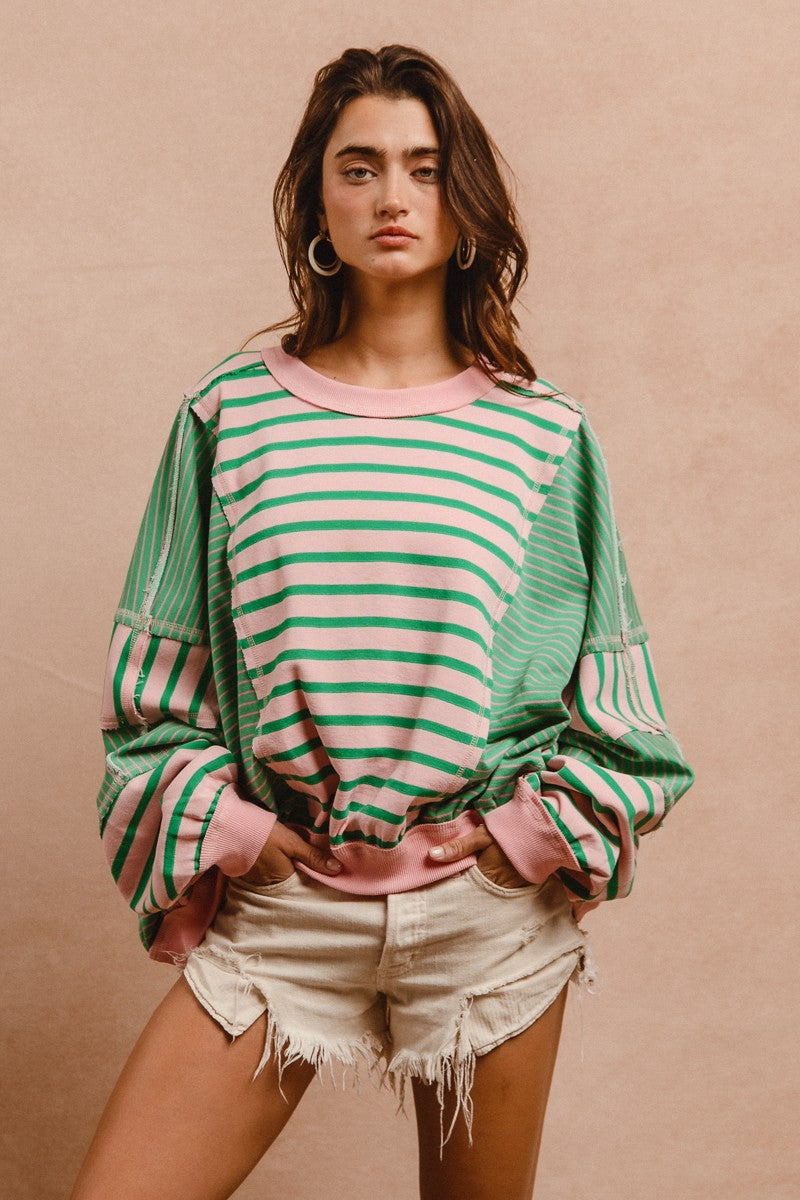 BiBi OVERSIZED Mixed Striped with Contrasting Color Panels Top in Blus ...