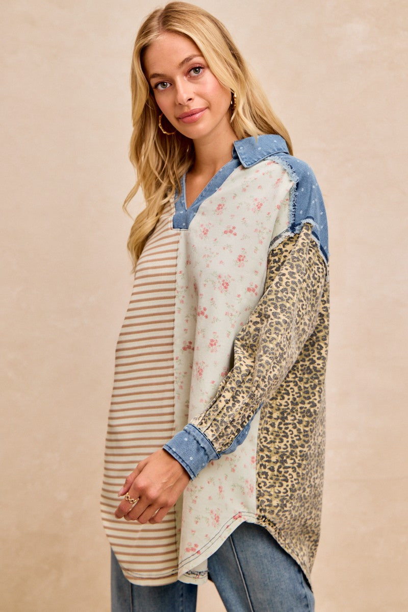 BiBi Mix N Match Long Tunic Top in Ivory/Latte Stripes – June Adel