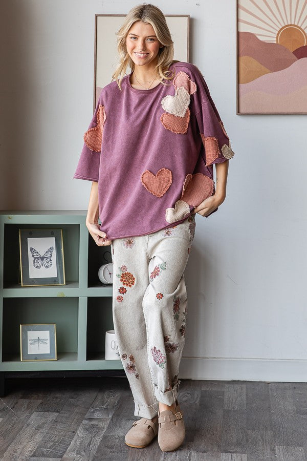 Oli & Hali Mineral Washed Top with Heart Patches in Eggplant – June Adel
