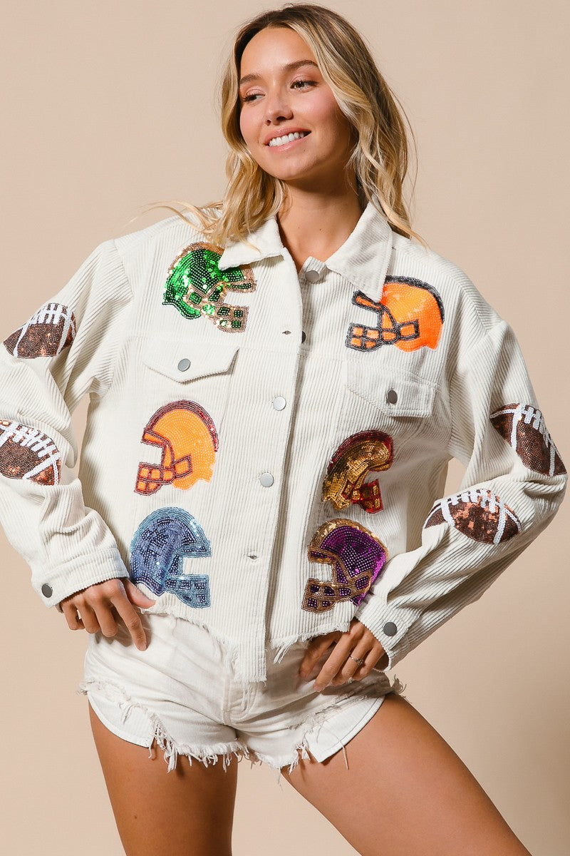 BiBi Corduroy Jacket with Sequin Helmet and Football Patches in Off Wh ...