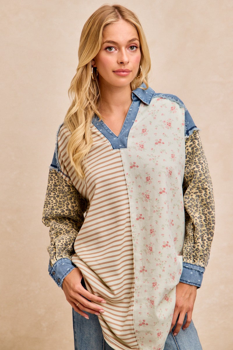 BiBi Mix N Match Long Tunic Top in Ivory/Latte Stripes – June Adel