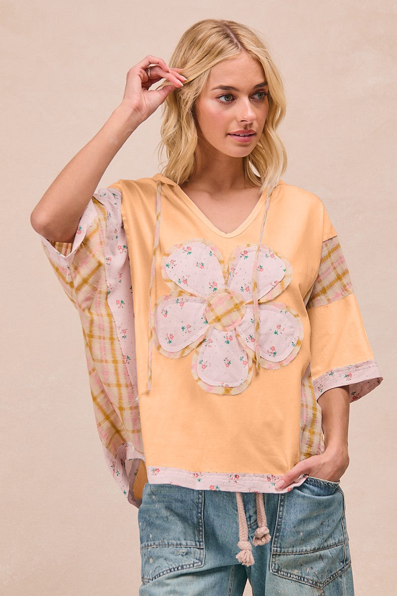 BiBi Mix n Match Hooded Top with Large Flower Patch Front in Peach ...