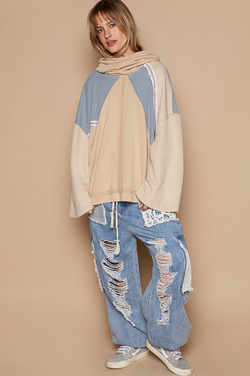 POL OVERSIZED Thermal and Terry Knit Oversized Top with Stud Trim Deta ...