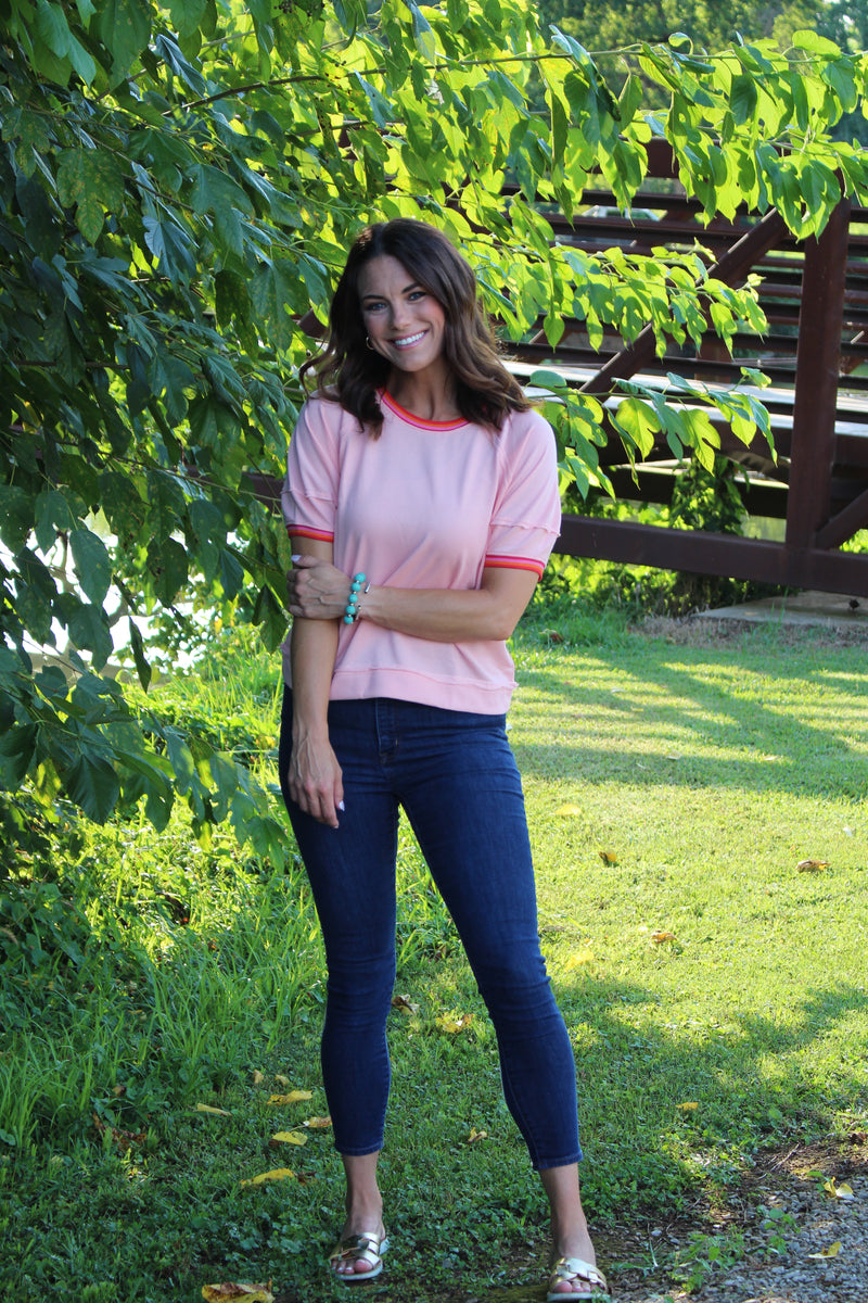 Jodifl Solid Color Knit Top with Contrasting Colored Stripes Details i ...