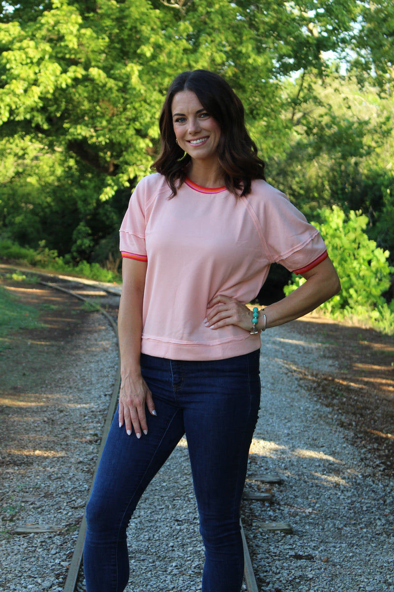Jodifl Solid Color Knit Top with Contrasting Colored Stripes Details i ...