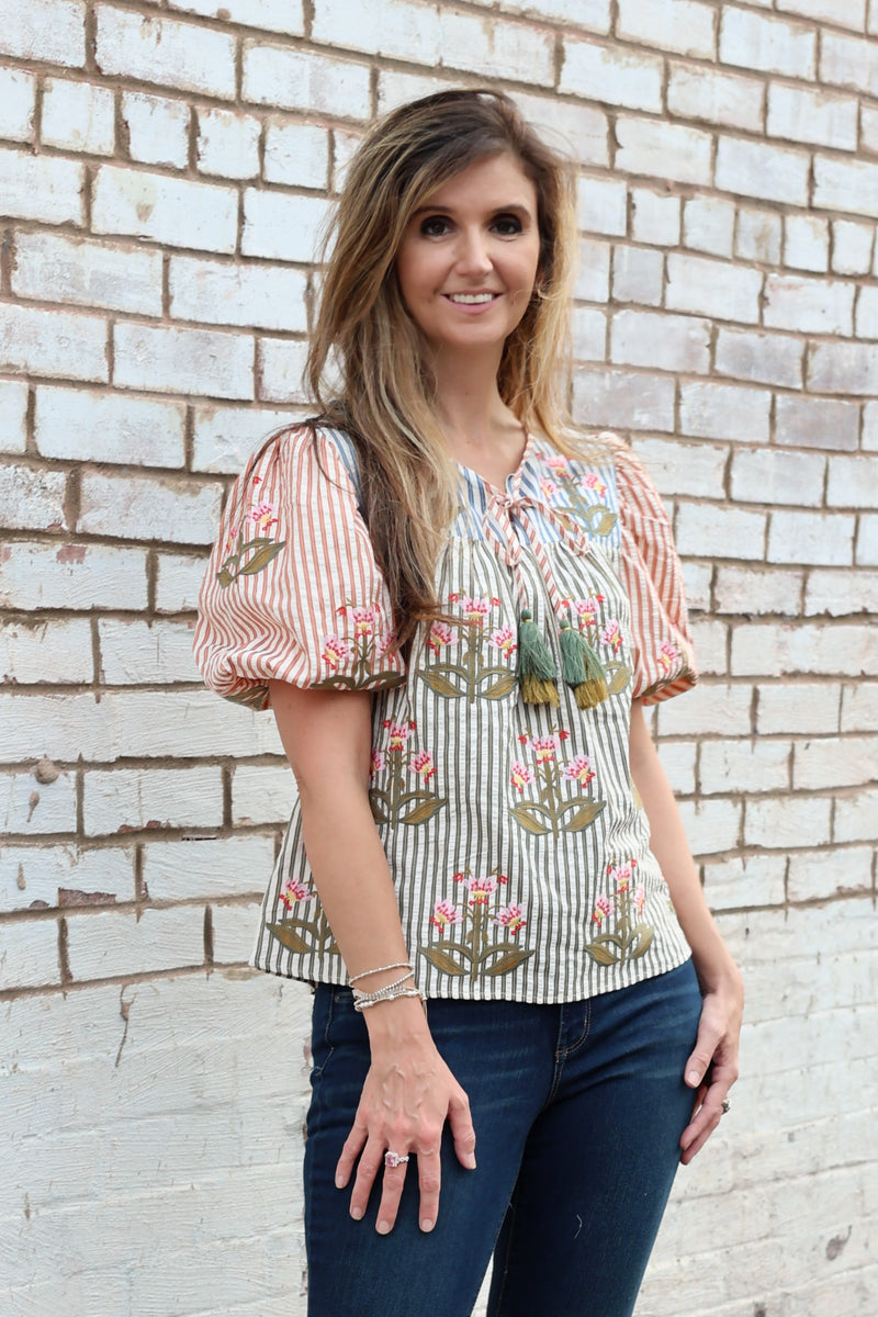 THML Multi Color Striped Top with Vintage Floral Embroidery in Olive ...