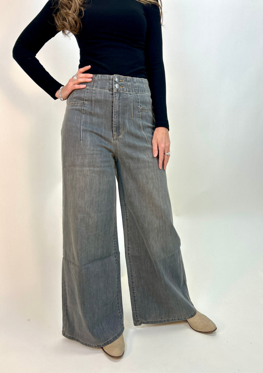 Easel High Rise Denim Double Button Wide Leg Pants in Black Denim ...