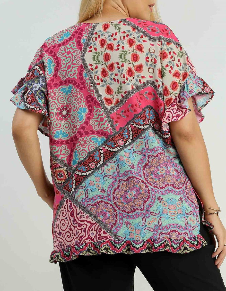 Umgee Mix Print Top with Ruffled Sleeves in Pink Mix – June Adel