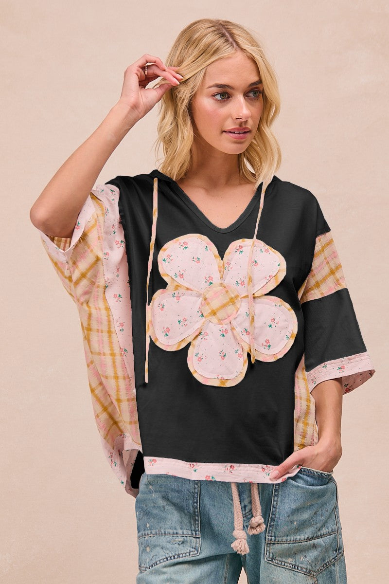 BiBi Mix n Match Hooded Top with Large Flower Patch Front in Black ...