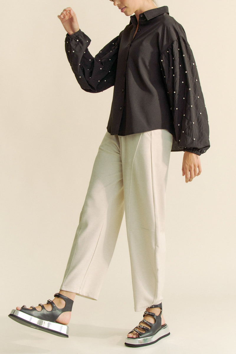 Davi & Dani Solid Color Button Up Top with Stone Embellished Sleeves i ...