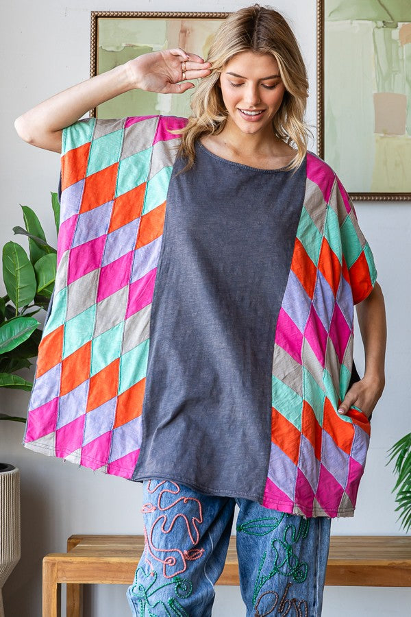 Oli & Hali OVERSIZED Multicolored Geo Print Patchwork Top in Navy Comb ...