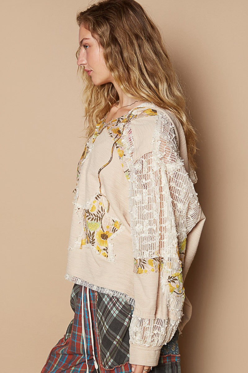 POL Hooded Textured Knit and Lace Top with Star Patches in Beige Multi ...