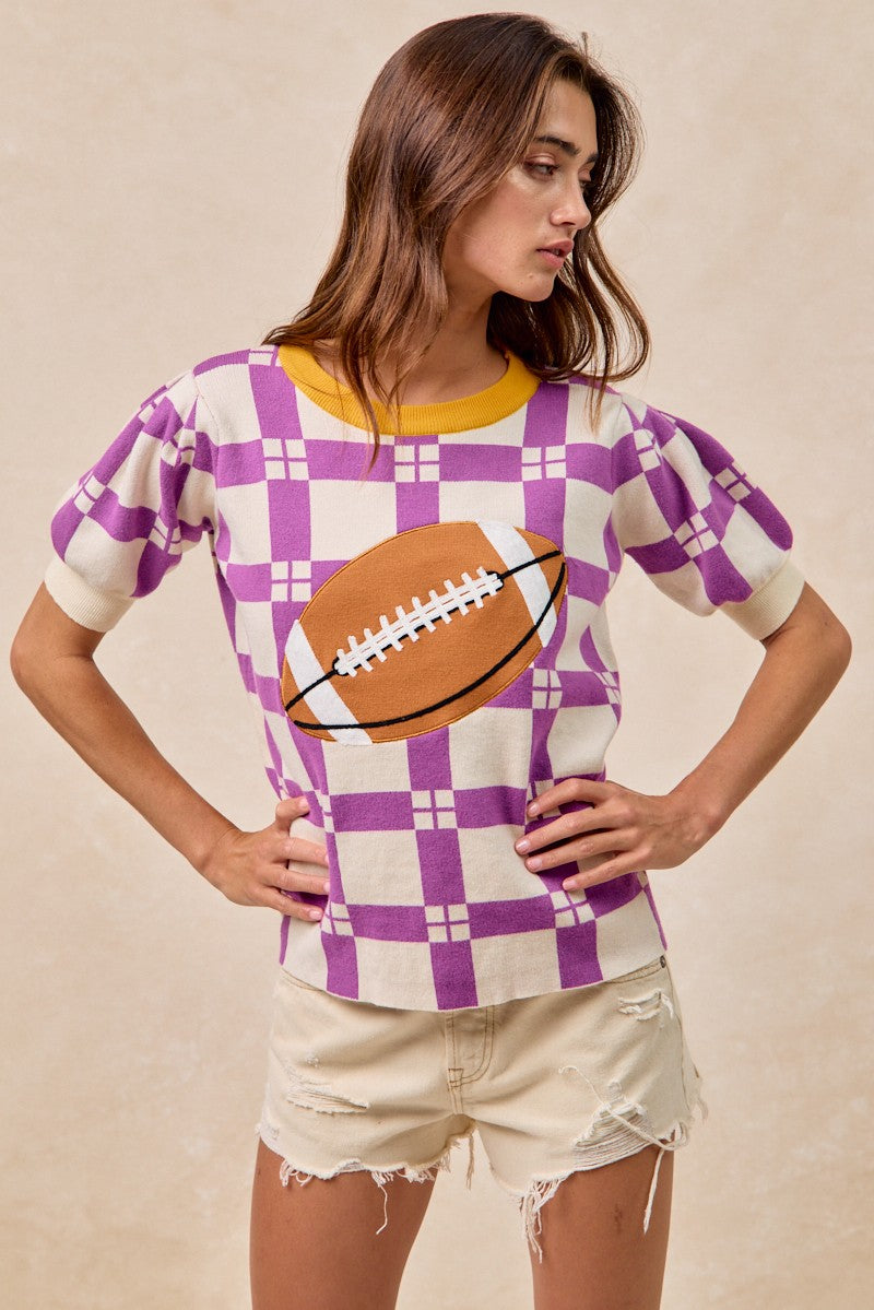 BiBi Knit Sweater Checkered Pattern Top with Football Patched Front in ...