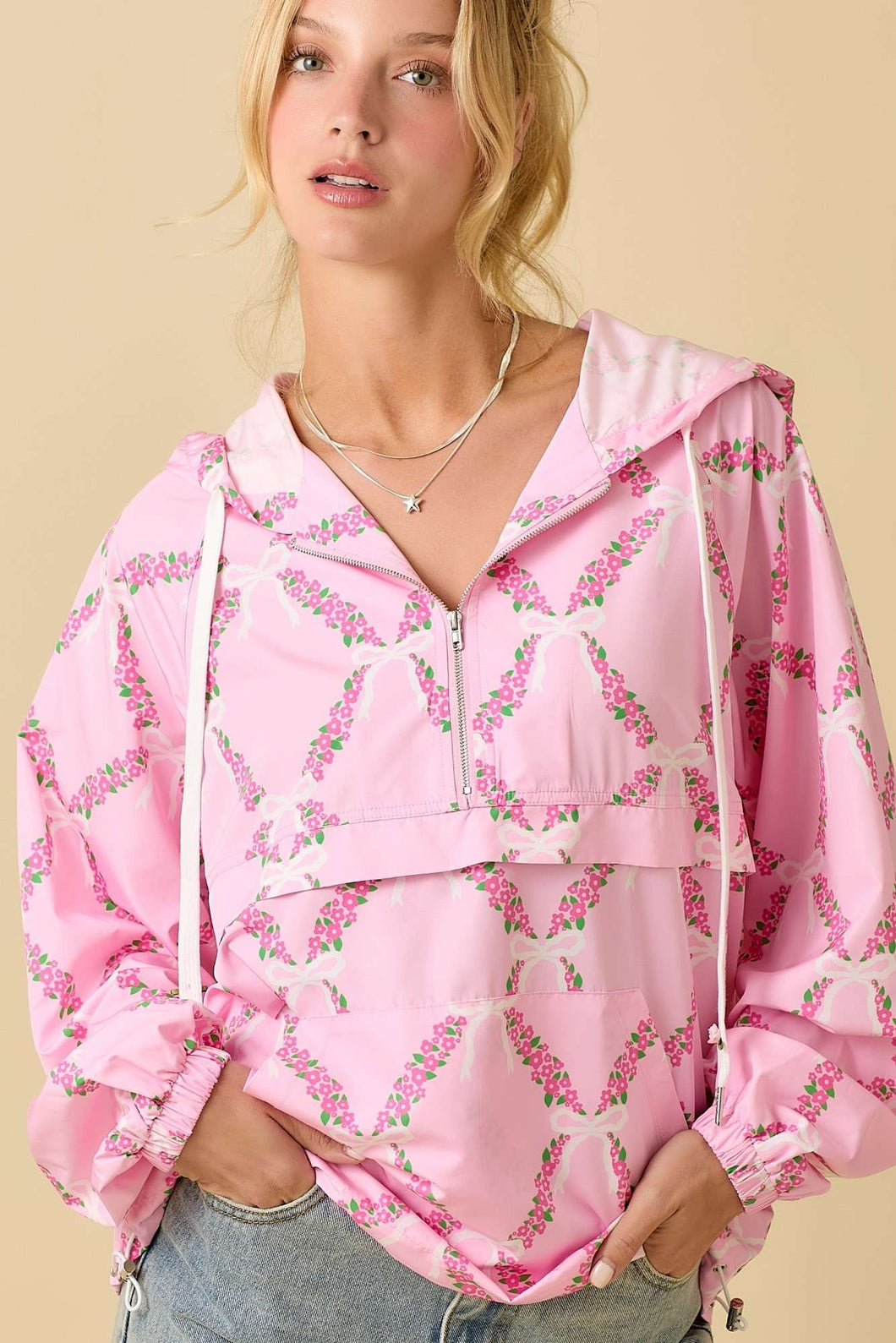 Main Strip Coquette Ribbon and Floral Print Windbreaker Jacket in Pink ...
