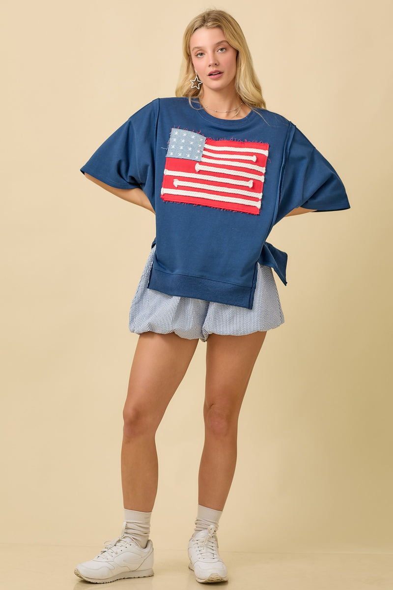 Main Strip OVERSIZED American Flag Patchwork Terry Knit Top in Dark Bl ...