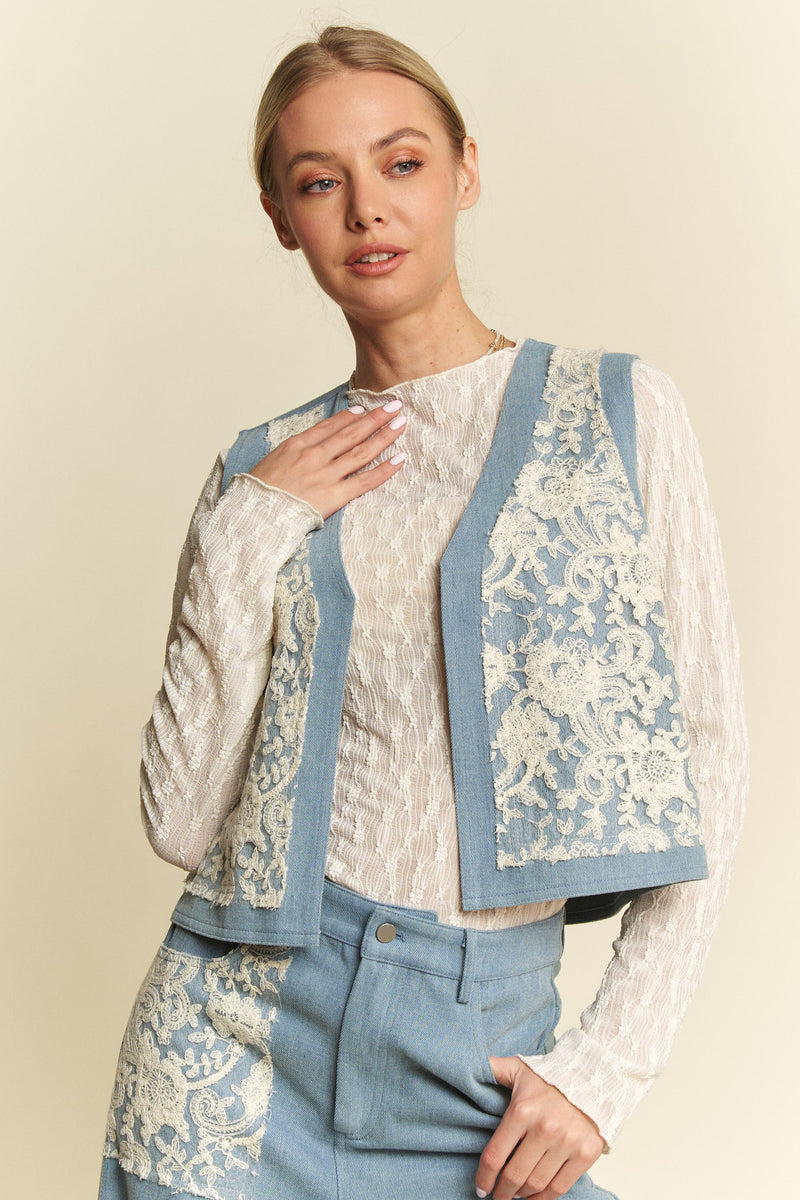 Davi & Dani Casual Textured Lace and Denim Vest in Light Denim Blue ...