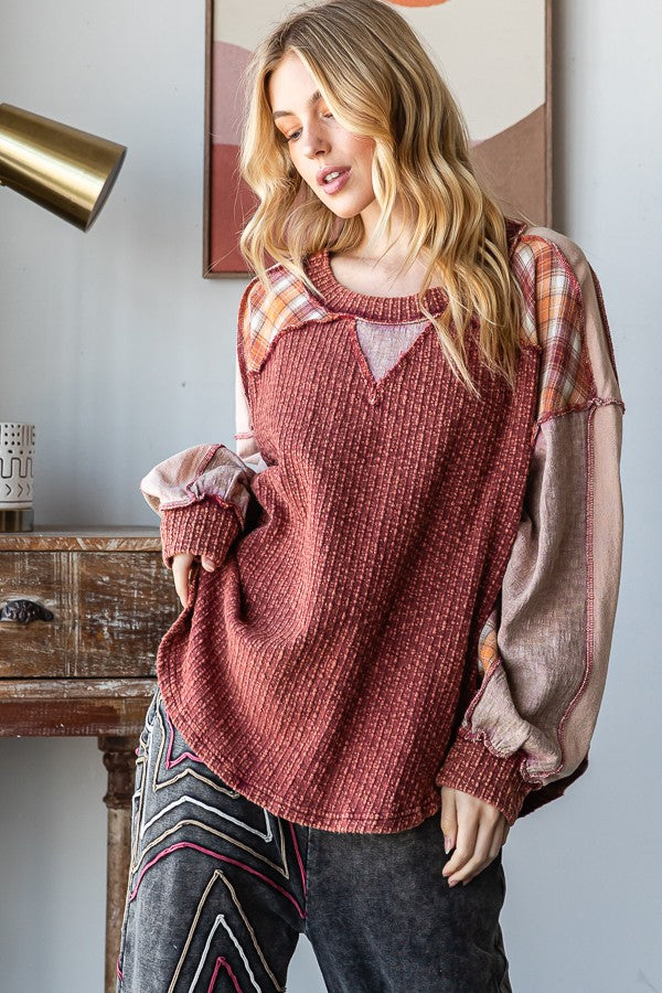 Oli & Hali OVERSIZED Plaid Mix Top in Burgundy – June Adel
