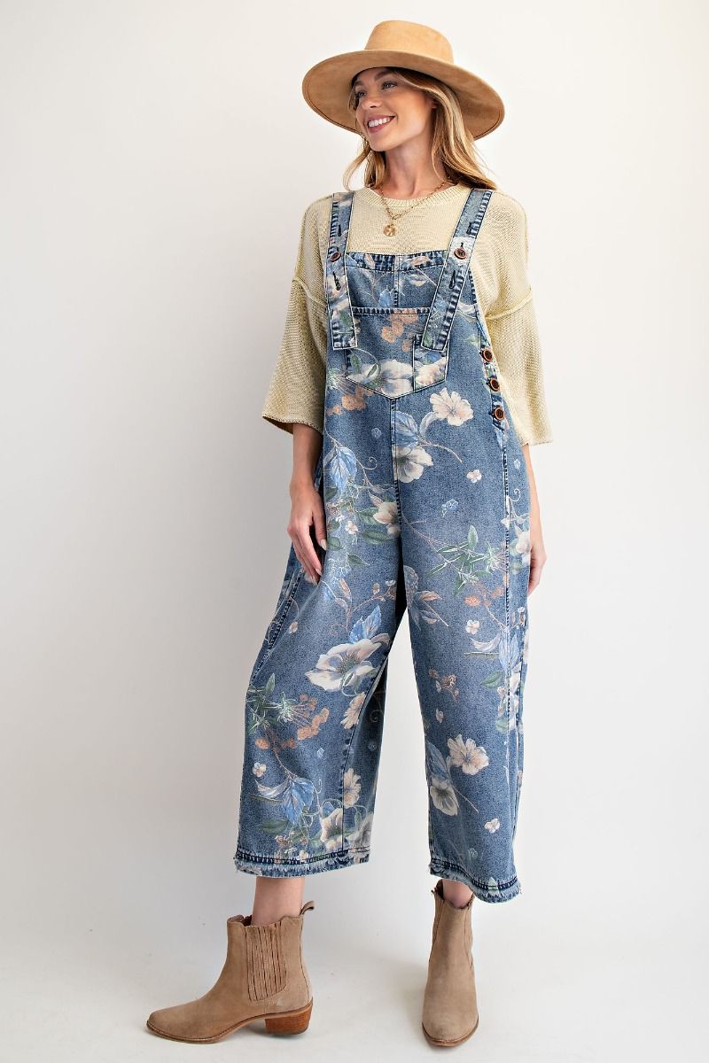 Easel Loose Fit Floral Print Overalls in Washed Denim – June Adel