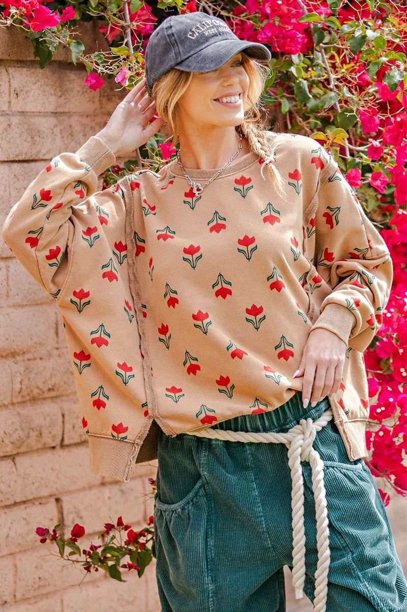 Easel French Terry Vintage Floral Print Sweatshirt in Faded Camel ...