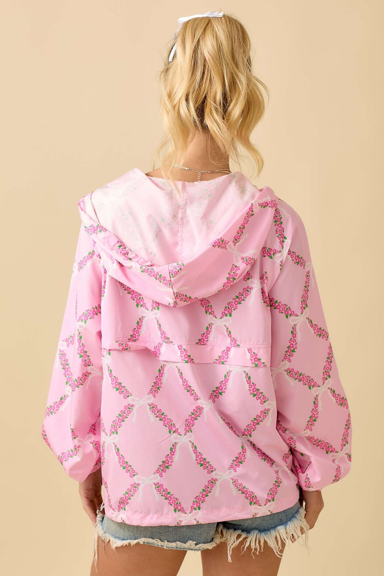 Main Strip Coquette Ribbon and Floral Print Windbreaker Jacket in Pink ...