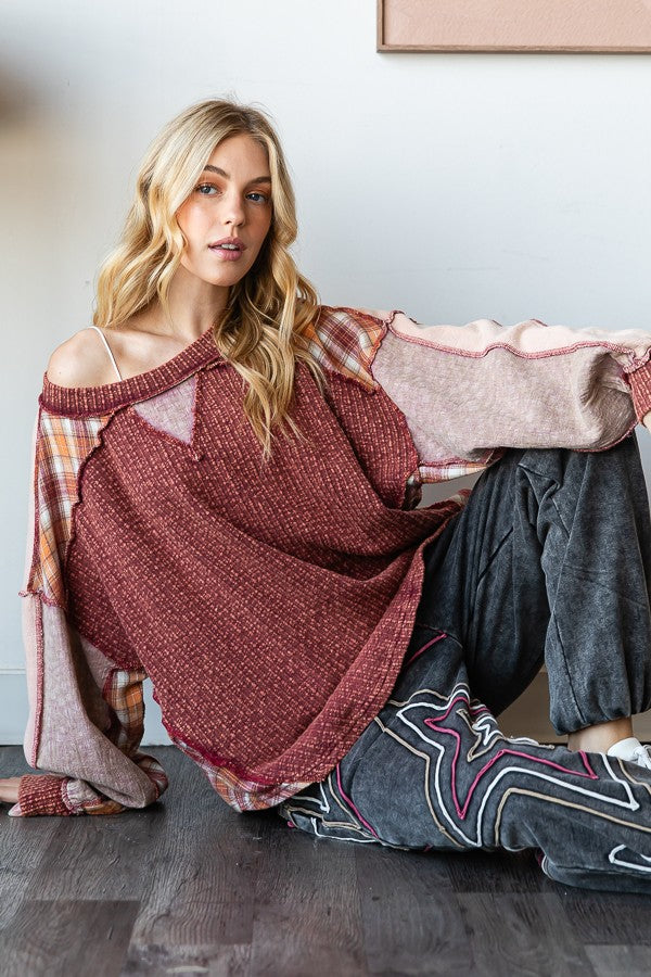 Oli & Hali OVERSIZED Plaid Mix Top in Burgundy – June Adel